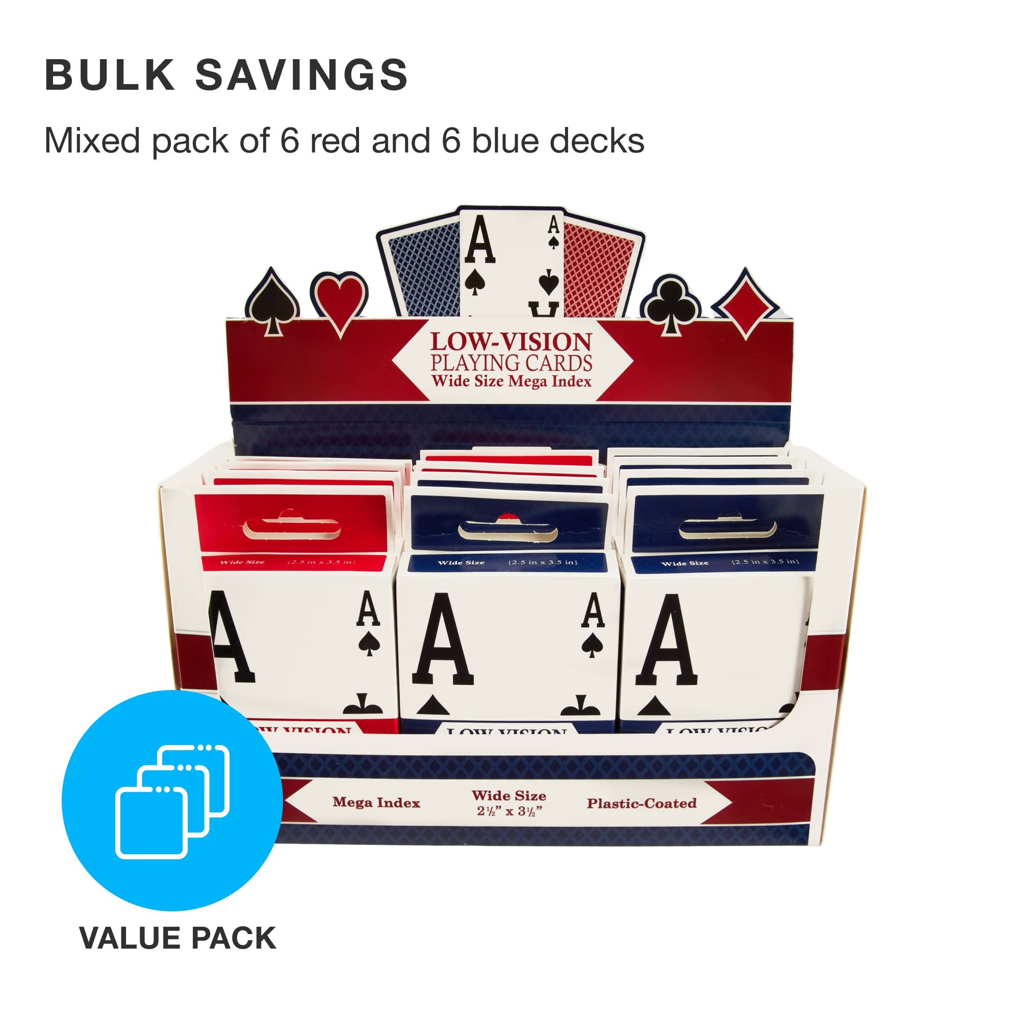 Brybelly Low-Vision Mega Index Playing Card Decks Mixed 12-Pack (6 Red/6 Blue) - Maximum Visibility and Maximum Playability Jumbo Index - Poker Wide - Big Numbers Macular Degeneration