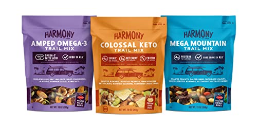 Harmony Trail Mix Variety Pack with 13-Oz. Mega Mountain, 10-Oz. Colossal Keto, and 10-Oz. Amped Omega-3 Trail Mix