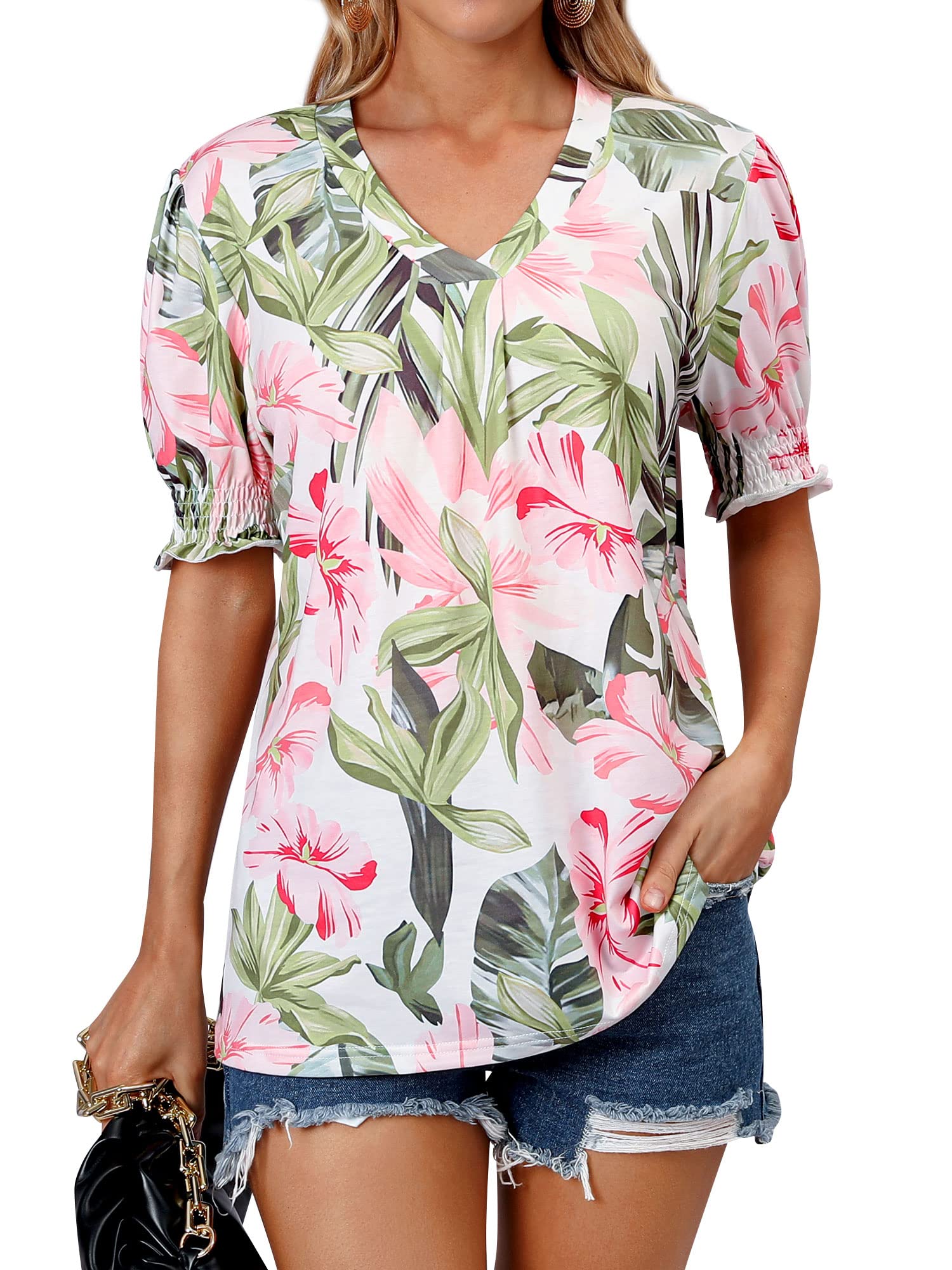 ZXZY Women Ruffle Short Sleeve Pleated V Neck Floral Print Hawaiian Shirts Blouse Tops