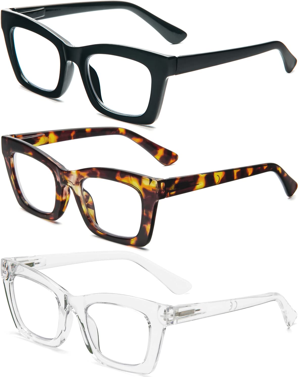 REAVEE 3 Pack Oprah Style Reading Glasses Blue Light Blocking Computer Square Readers for Women with Spring Hinge Anti Glare/Eyestrain 1.5
