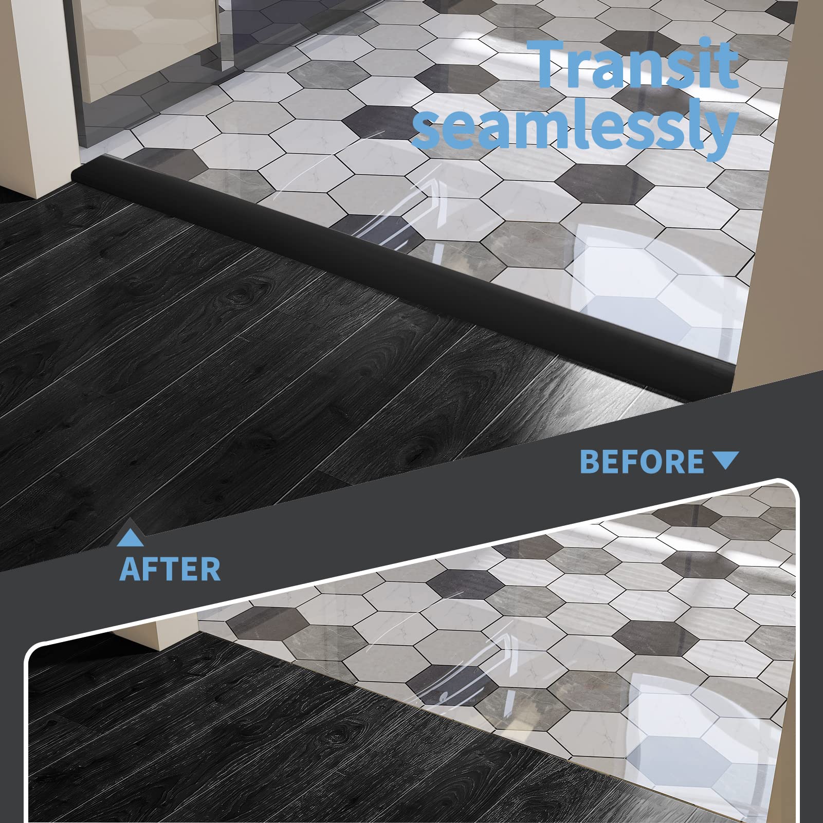 Art3d Self Adhesive Vinyl Transition Strip, Laminate & Tile Strip, Flat Divider for Floor Gaps (4 FT, 1.57in, Black)