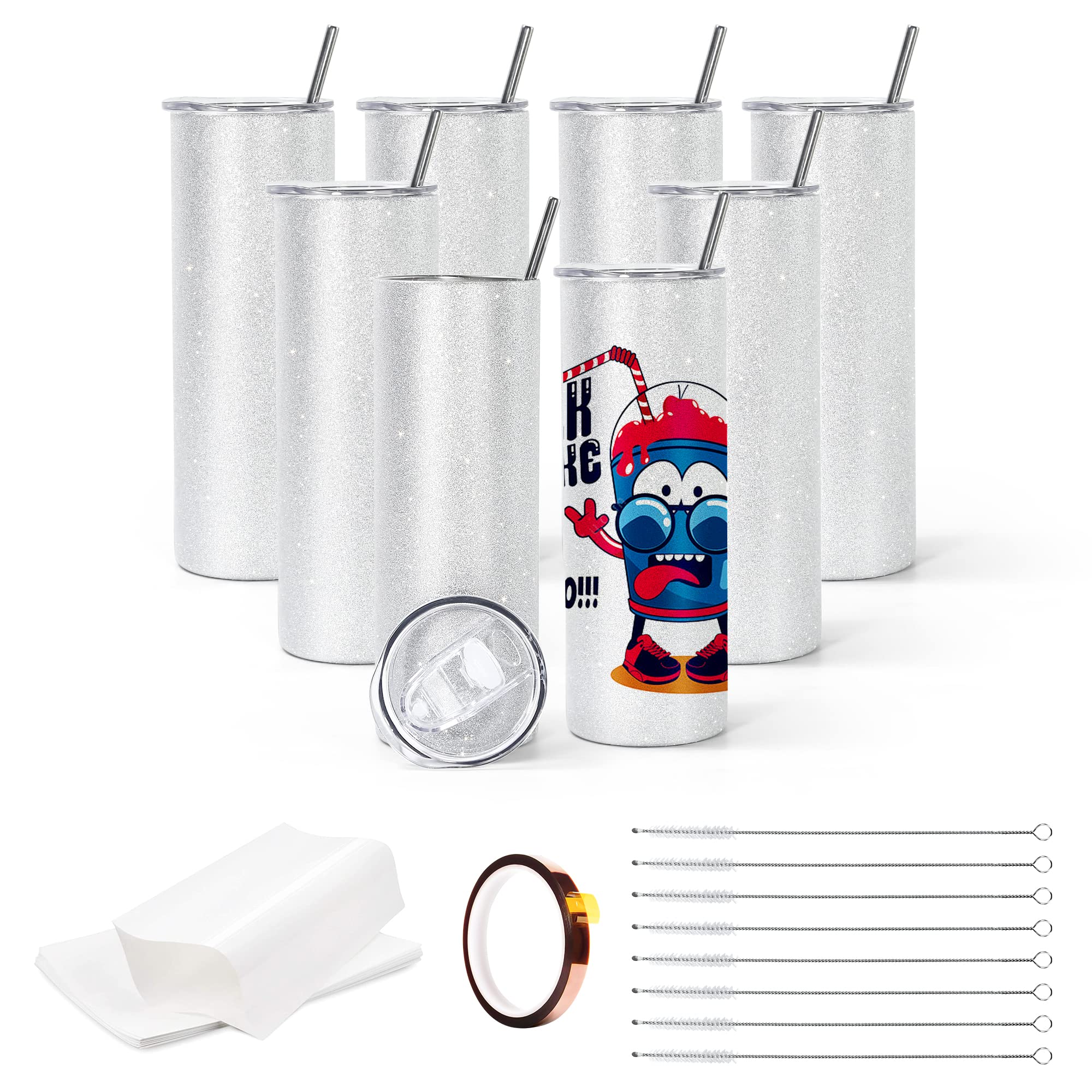 AGH 8 Pack Glitter Sublimation Tumblers - 20 oz Skinny Straight, White Double Wall Stainless Steel Insulated Cups with Straw, Straw Brush, Shrink Wrap, and Heat Resistant Tape.