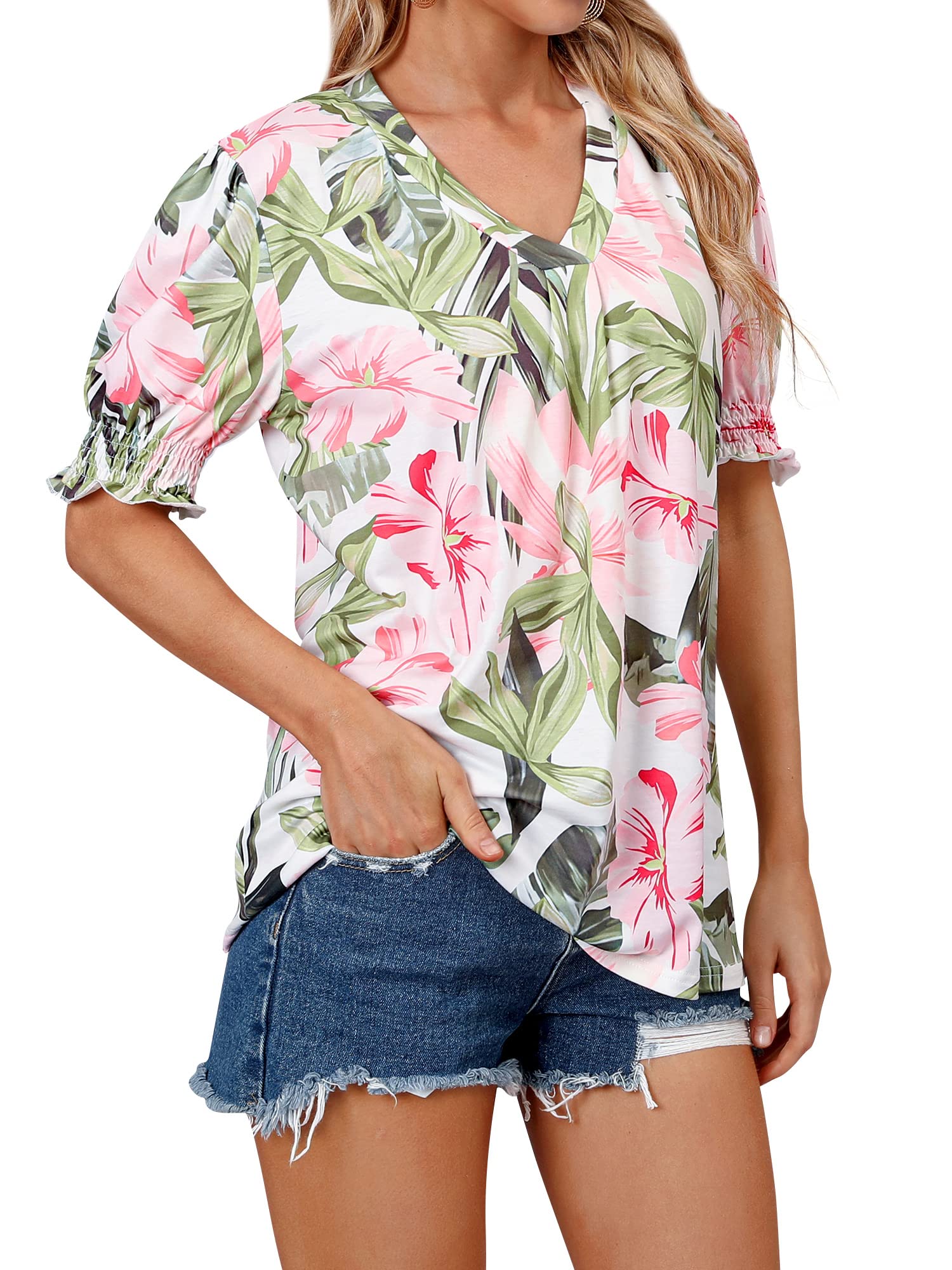 ZXZY Women Ruffle Short Sleeve Pleated V Neck Floral Print Hawaiian Shirts Blouse Tops