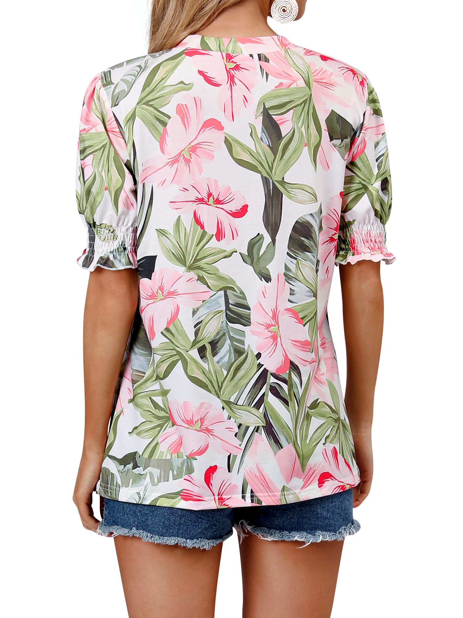ZXZY Women Ruffle Short Sleeve Pleated V Neck Floral Print Hawaiian Shirts Blouse Tops