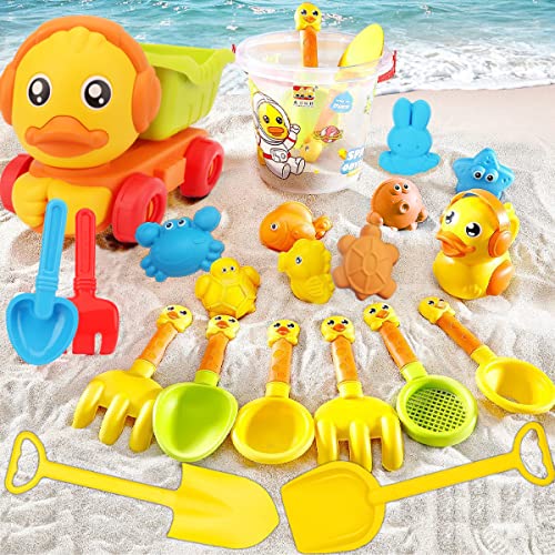 21 PCS Beach Toys with Storage Bag for Toddlers, Kids Cute Duck Theme Sand Toy Set Includes Beach Bucket, Truck, Shovel, Animal Sand Molds and Watering CanOutdoor Toys for Toddlers Kids Age 3 4 5 6+