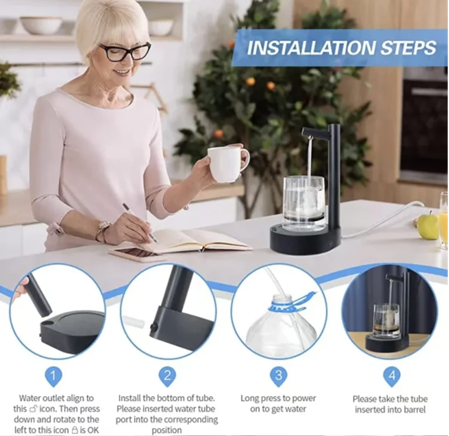 Invisible Smart Desktop Water Dispenser and Bottle Filling Station with Water Pump - Universal 3/5 Gallon Size, USB Charging, Electric Water Jug Pump Perfect for Home, Office, and Outdoors (Dark Blue)