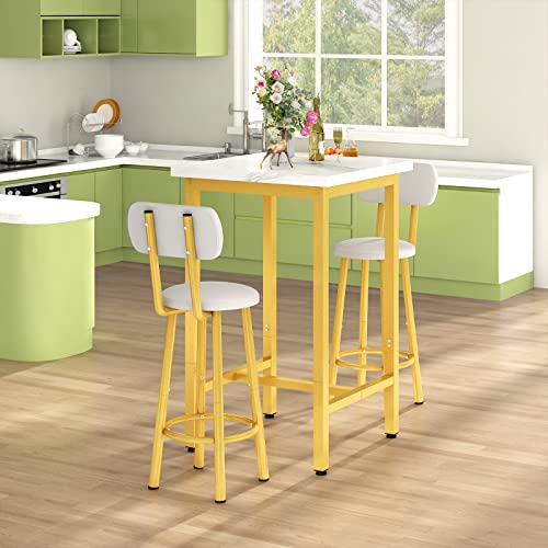 Recaceik Dining Table Set, 23.6β Square Pub Bistro Dining Set Small Kitchen Table Set Bar Table with Backrest Stools, Breakfast Table Set with Metal Frame for Dining Room w/ 2 Chairs - Gold