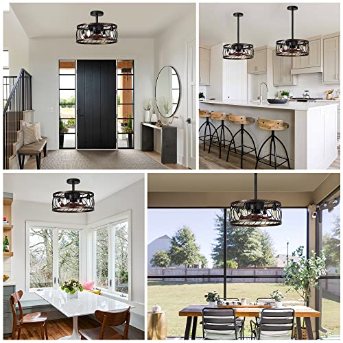 Rustic Hand-Swept Gold Paint Accents Sand Black Fandelier Ceiling Fans with Lights and Remote, Farmhouse Caged Semi-Flush Mount Ceiling Fan with Height Adjustment, Reverse Quite Motor for Indoor
