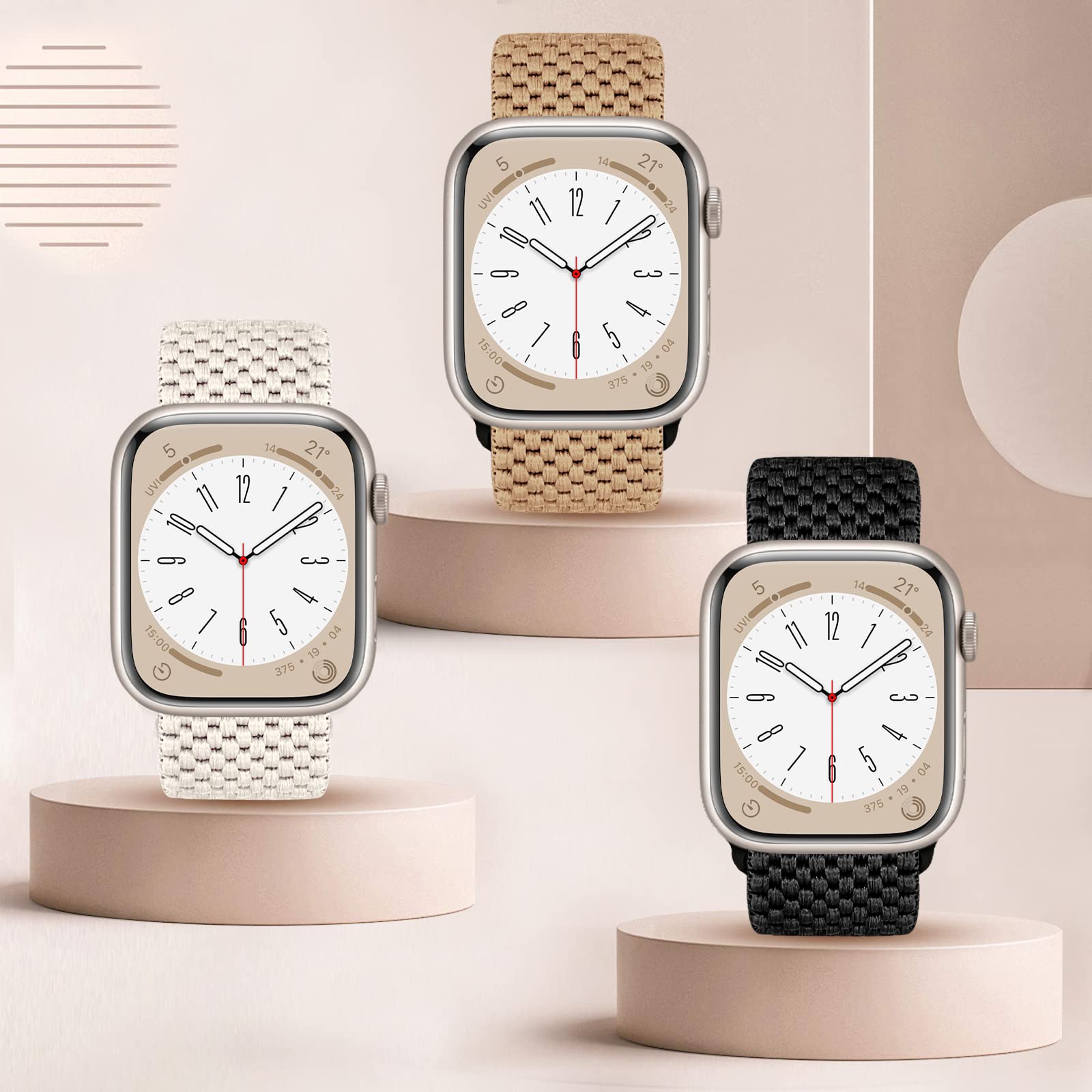 3 Pack Stretchy Solo Loop Band Compatible with Apple Watch Band 42mm 44mm 45mm 49mm for Women Men, Adjustable Sport Elastic Nylon Strap for iWatch Series Ultra/SE/8/7/6/5/4/3/2/1, Starlight/Brown/Bk