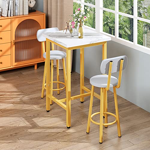Recaceik Dining Table Set, 23.6β Square Pub Bistro Dining Set Small Kitchen Table Set Bar Table with Backrest Stools, Breakfast Table Set with Metal Frame for Dining Room w/ 2 Chairs - Gold