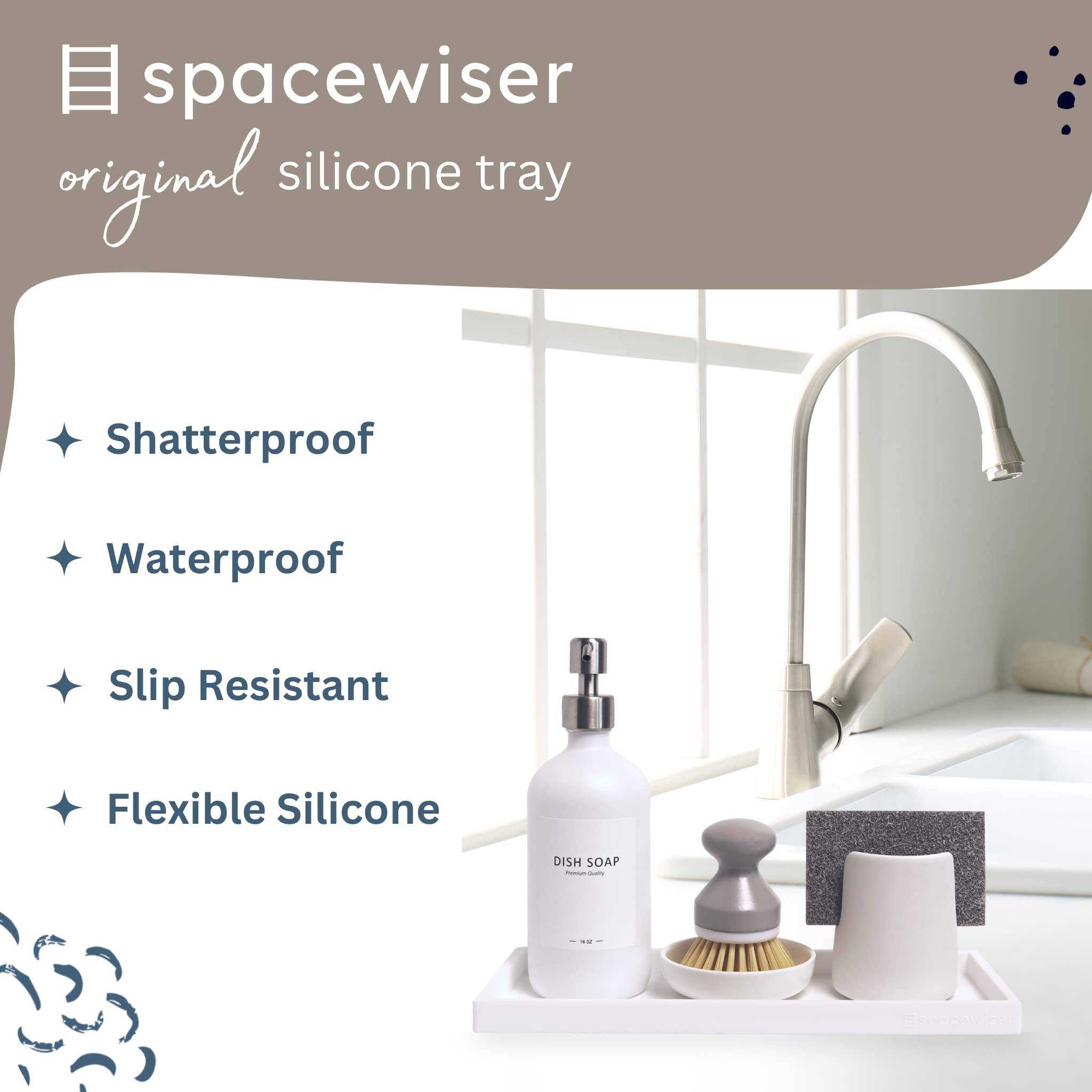 Spacewiser Countertop and Vanity Tray - 11.7" Silicone Bathroom Tray, Flexible Hand Dish Soap Holder for Kitchen, Bathroom Counter Organizer, Shower Toilet Tank Trays Décor, Sink Makeup Mat Oil, White