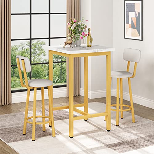 Recaceik Dining Table Set, 23.6β Square Pub Bistro Dining Set Small Kitchen Table Set Bar Table with Backrest Stools, Breakfast Table Set with Metal Frame for Dining Room w/ 2 Chairs - Gold