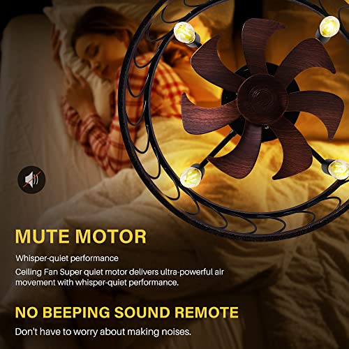 Rustic Hand-Swept Gold Paint Accents Sand Black Fandelier Ceiling Fans with Lights and Remote, Farmhouse Caged Semi-Flush Mount Ceiling Fan with Height Adjustment, Reverse Quite Motor for Indoor