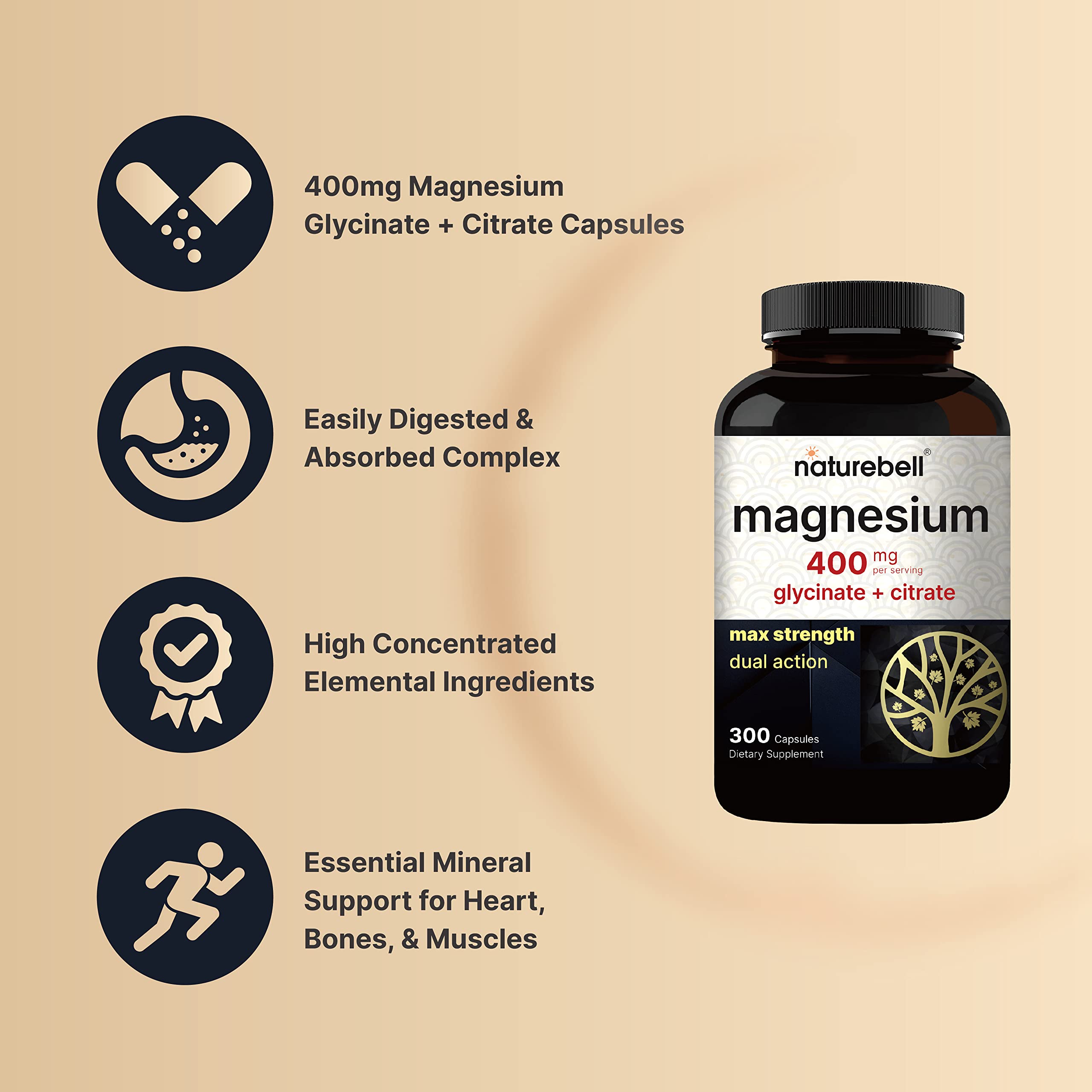 Magnesium Complex 400mg Supplement, 300 Capsules | Magnesium Glycinate + Citrate Elemental Forms โ Essential Minerals for Heart, Muscle, & Digestion Support โ Non-GMO & No Gluten