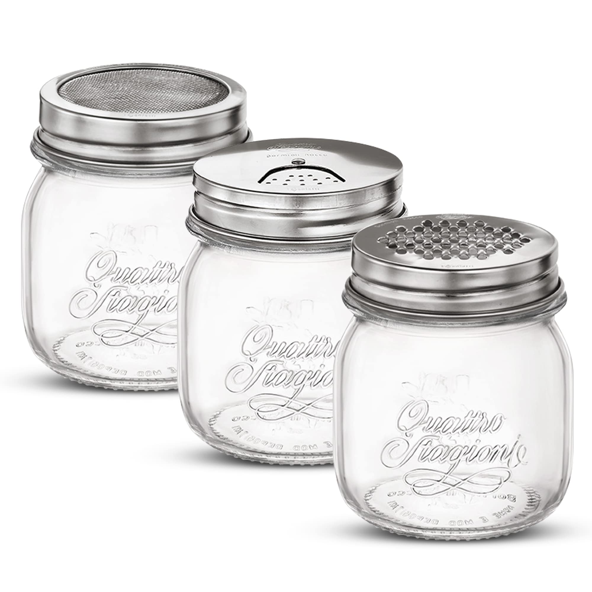 Bormioli Rocco Quattro Stagioni Variety Pack, Set Of 3 Mason Jars - Salt And Spice Shaker - Grater - Sifter, Strainers, Sieve - 8.5 Oz. Durable Glass, Stainless Steel Lid, Made In Italy.