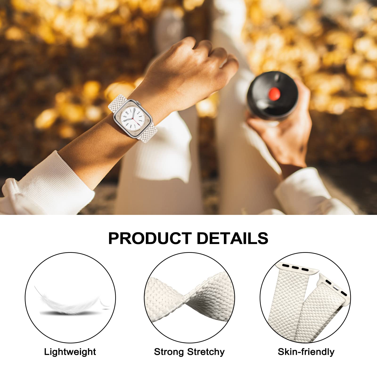 3 Pack Stretchy Solo Loop Band Compatible with Apple Watch Band 42mm 44mm 45mm 49mm for Women Men, Adjustable Sport Elastic Nylon Strap for iWatch Series Ultra/SE/8/7/6/5/4/3/2/1, Starlight/Brown/Bk