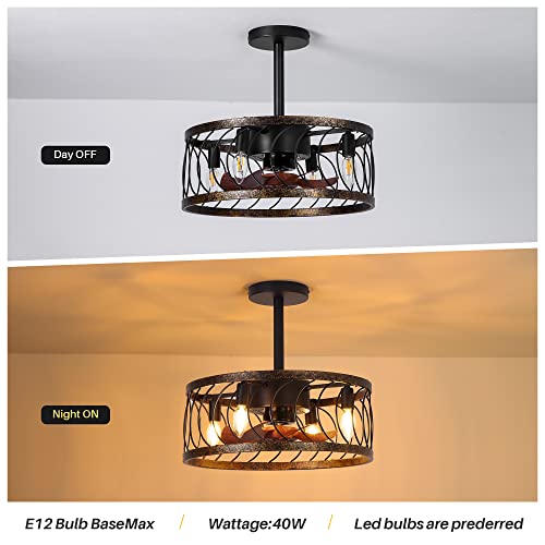 Rustic Hand-Swept Gold Paint Accents Sand Black Fandelier Ceiling Fans with Lights and Remote, Farmhouse Caged Semi-Flush Mount Ceiling Fan with Height Adjustment, Reverse Quite Motor for Indoor