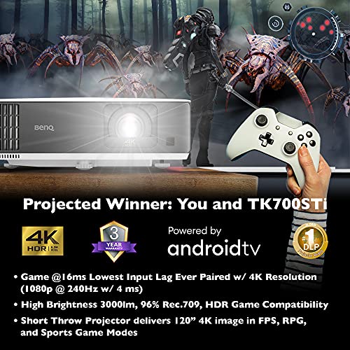 BenQ TK700STi 4K HDR Short Throw Gaming Projector | 4K 60Hz 16ms | 1080p 240Hz 4.16ms I 3000lm | 100β at 6.5 ft | RPG FPS Sport Game Modes | PS5 | Xbox | 2D Keystone I eARC | Golf Simulation