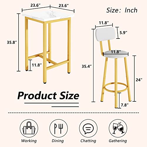Recaceik Dining Table Set, 23.6β Square Pub Bistro Dining Set Small Kitchen Table Set Bar Table with Backrest Stools, Breakfast Table Set with Metal Frame for Dining Room w/ 2 Chairs - Gold