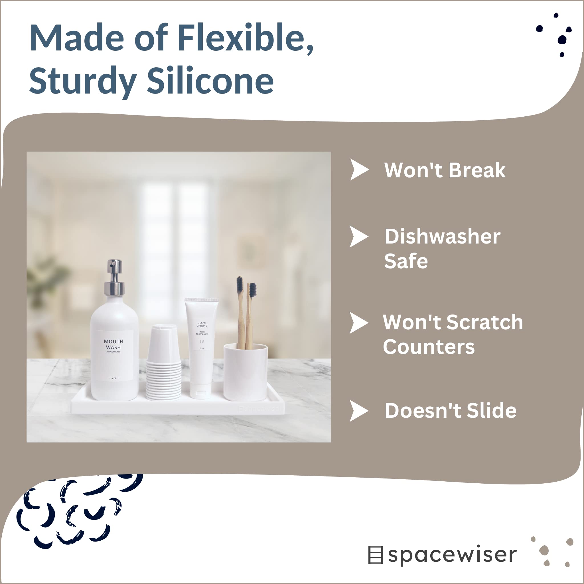 Spacewiser Countertop and Vanity Tray - 11.7" Silicone Bathroom Tray, Flexible Hand Dish Soap Holder for Kitchen, Bathroom Counter Organizer, Shower Toilet Tank Trays Décor, Sink Makeup Mat Oil, White