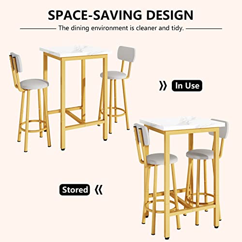 Recaceik Dining Table Set, 23.6β Square Pub Bistro Dining Set Small Kitchen Table Set Bar Table with Backrest Stools, Breakfast Table Set with Metal Frame for Dining Room w/ 2 Chairs - Gold