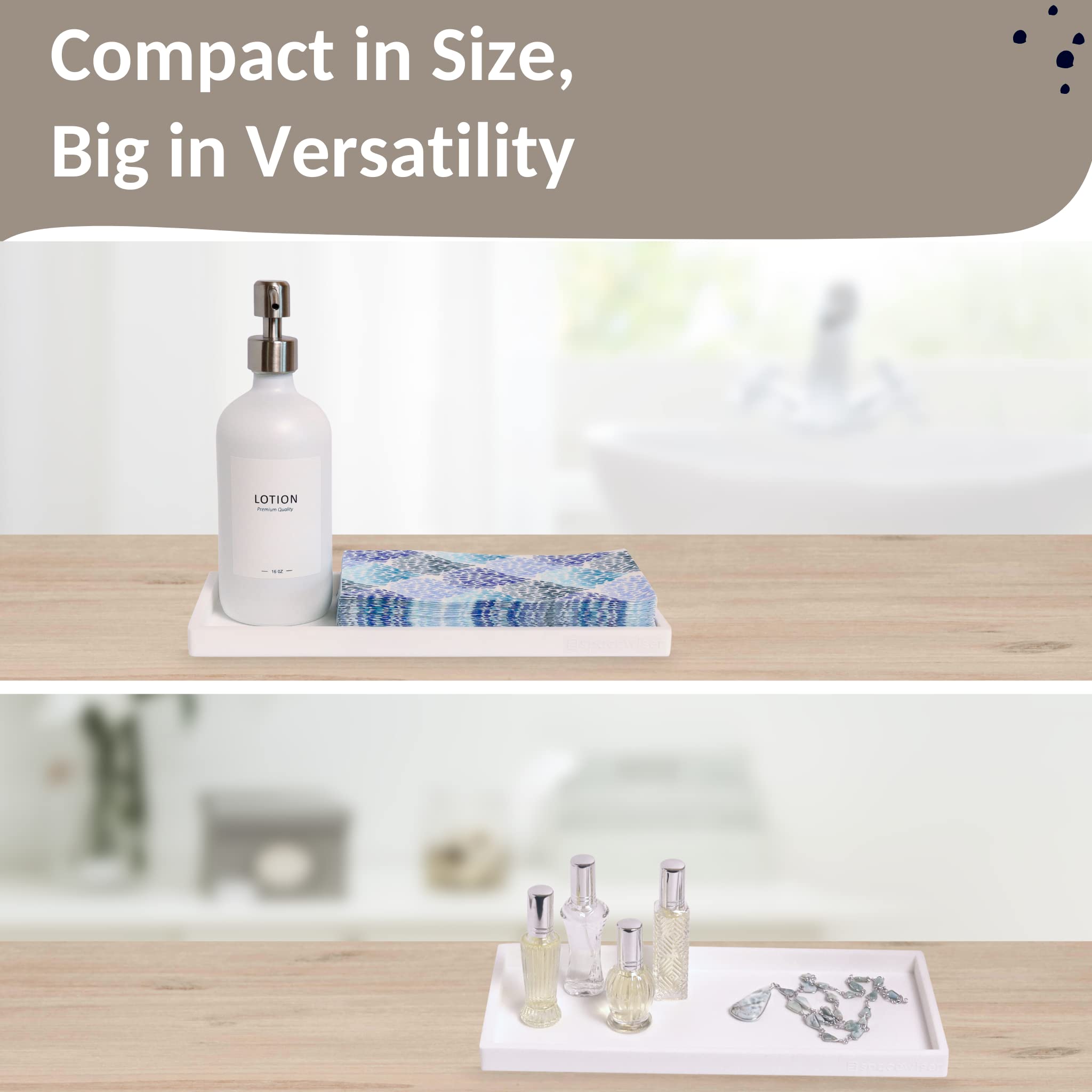 Spacewiser Countertop and Vanity Tray - 11.7" Silicone Bathroom Tray, Flexible Hand Dish Soap Holder for Kitchen, Bathroom Counter Organizer, Shower Toilet Tank Trays Décor, Sink Makeup Mat Oil, White