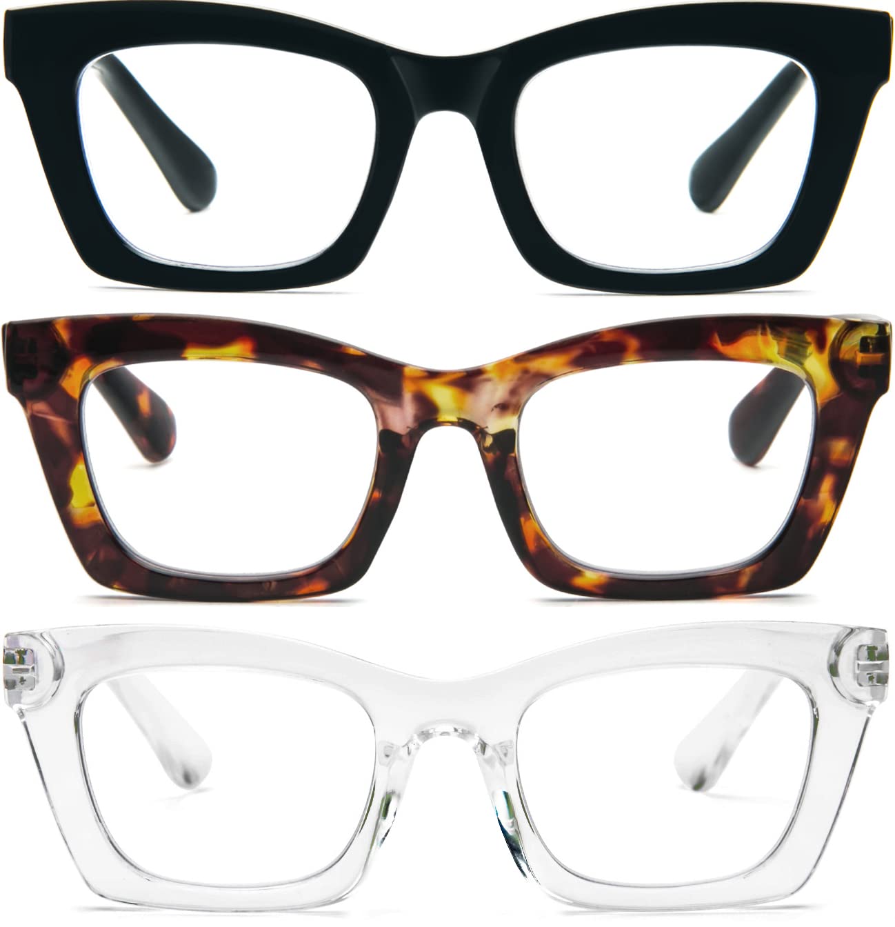 REAVEE 3 Pack Oprah Style Reading Glasses Blue Light Blocking Computer Square Readers for Women with Spring Hinge Anti Glare/Eyestrain 1.5