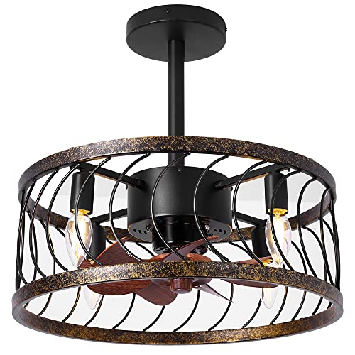 Rustic Hand-Swept Gold Paint Accents Sand Black Fandelier Ceiling Fans with Lights and Remote, Farmhouse Caged Semi-Flush Mount Ceiling Fan with Height Adjustment, Reverse Quite Motor for Indoor