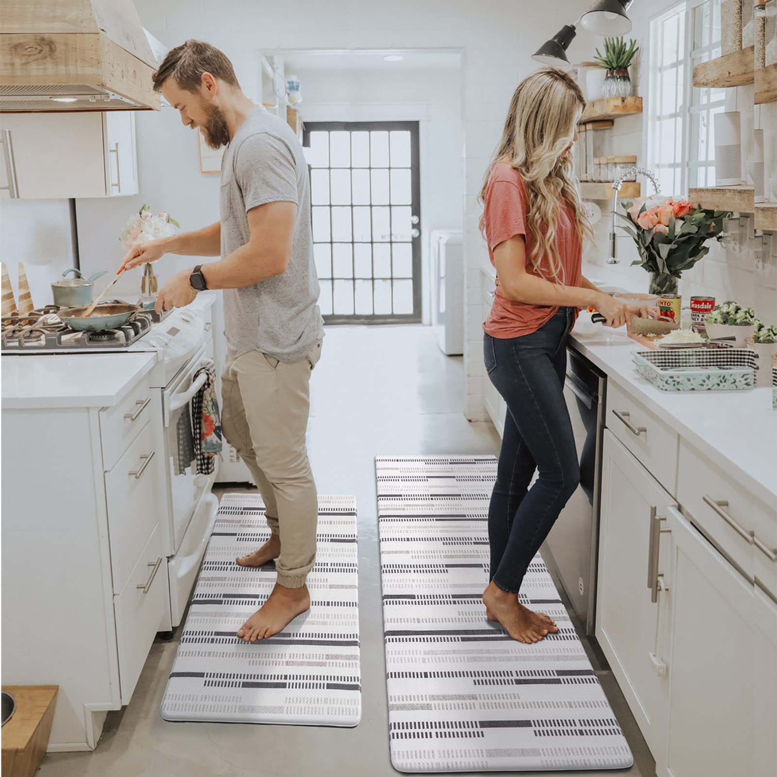 FRESHMINT Farmhouse Stripe Anti-Fatigue Kitchen Mat Set of 2, Cushioned Foam Kitchen Mats for Floor, Waterproof Non Slip Comfort Mat, Modern Kitchen Rug for Kitchen Decor, Sink, Laundry, Office