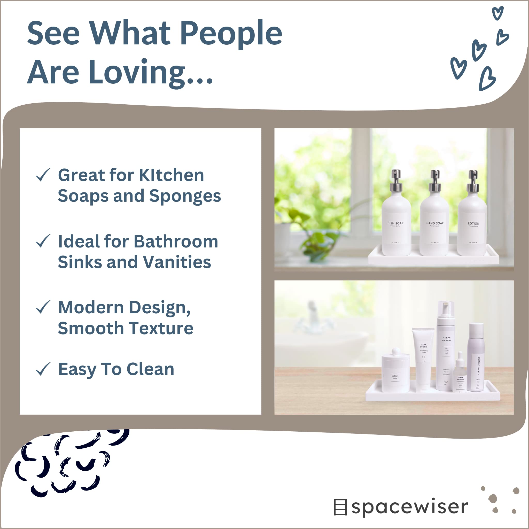 Spacewiser Countertop and Vanity Tray - 11.7" Silicone Bathroom Tray, Flexible Hand Dish Soap Holder for Kitchen, Bathroom Counter Organizer, Shower Toilet Tank Trays Décor, Sink Makeup Mat Oil, White