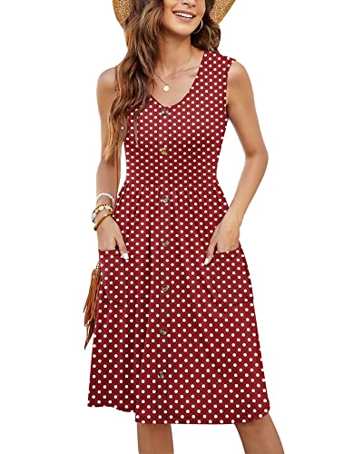 MOLERANI Women Summer Dresses Sleeveless Casual Loose Swing Button Down Midi Dress with Pockets(Polka Dot Red White,M)