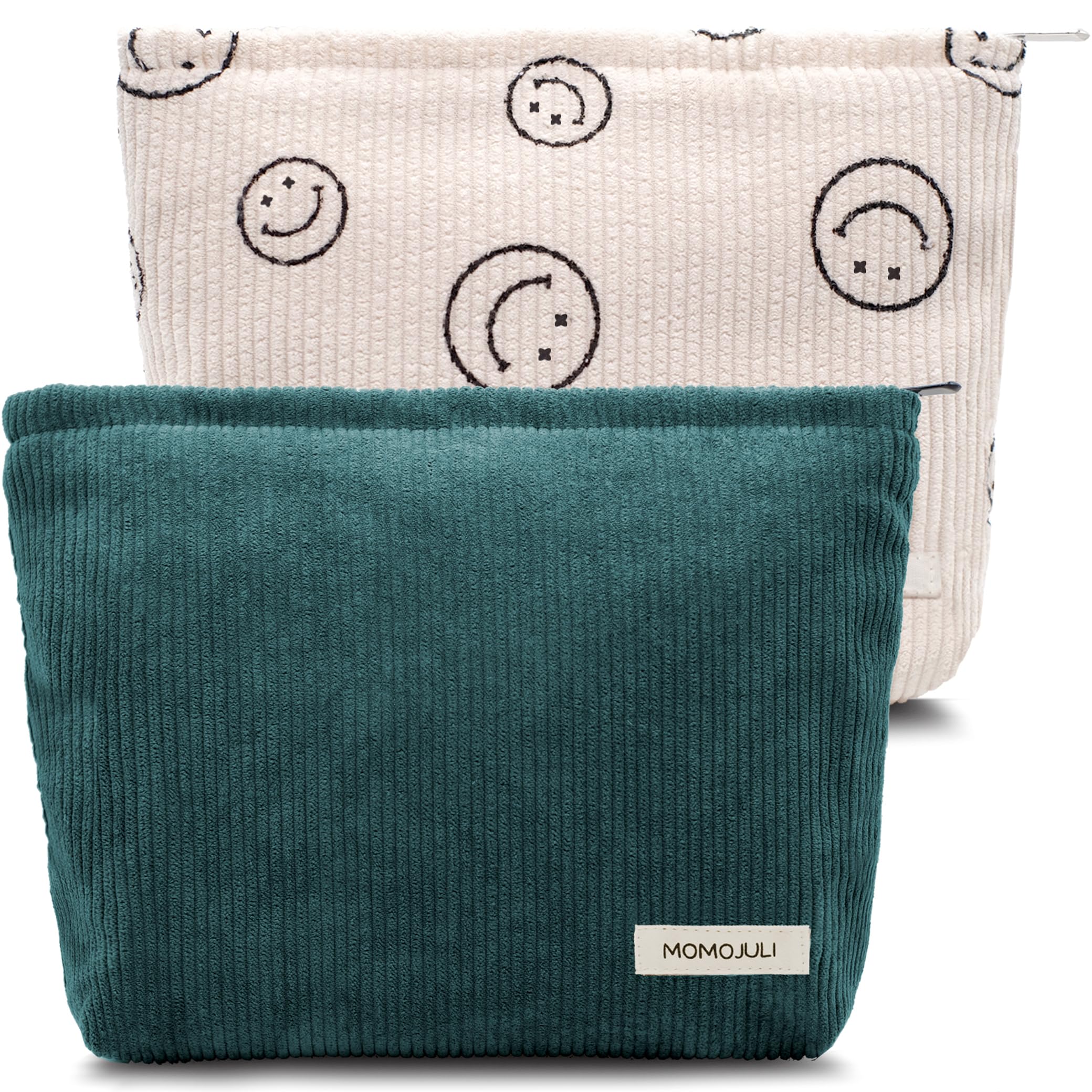 MOMOJULI Corduroy Makeup Bag Cosmestic Bag 2pcs Large Capacity Ladies Women Aesthetic Make Up Organizer Accessories Zipper Pouch Purse (Beige+Green)