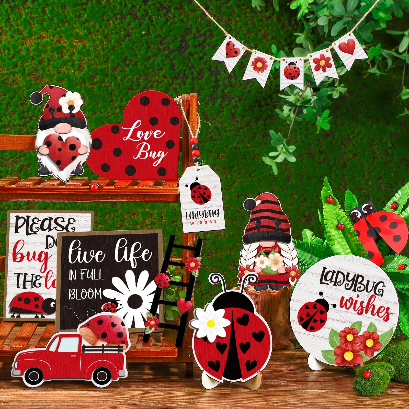 Maitys 15 Pieces Ladybug Tiered Tray Decor Set Spring Summer Wooden Blocks Sign Rustic Farmhouse Decor Ladybird Tiered Tray Decorative Trays Signs for Home Kitchen Shelf Table Decorations