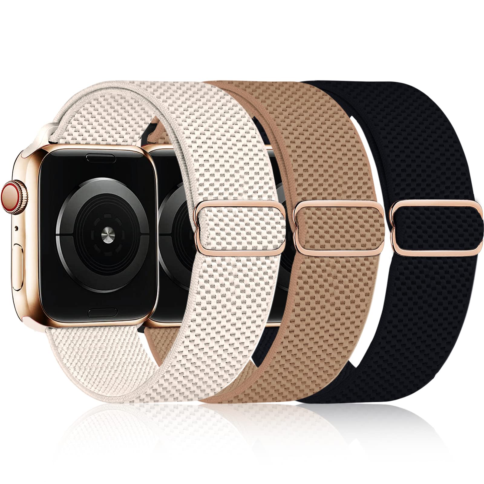 3 Pack Stretchy Solo Loop Band Compatible with Apple Watch Band 42mm 44mm 45mm 49mm for Women Men, Adjustable Sport Elastic Nylon Strap for iWatch Series Ultra/SE/8/7/6/5/4/3/2/1, Starlight/Brown/Bk