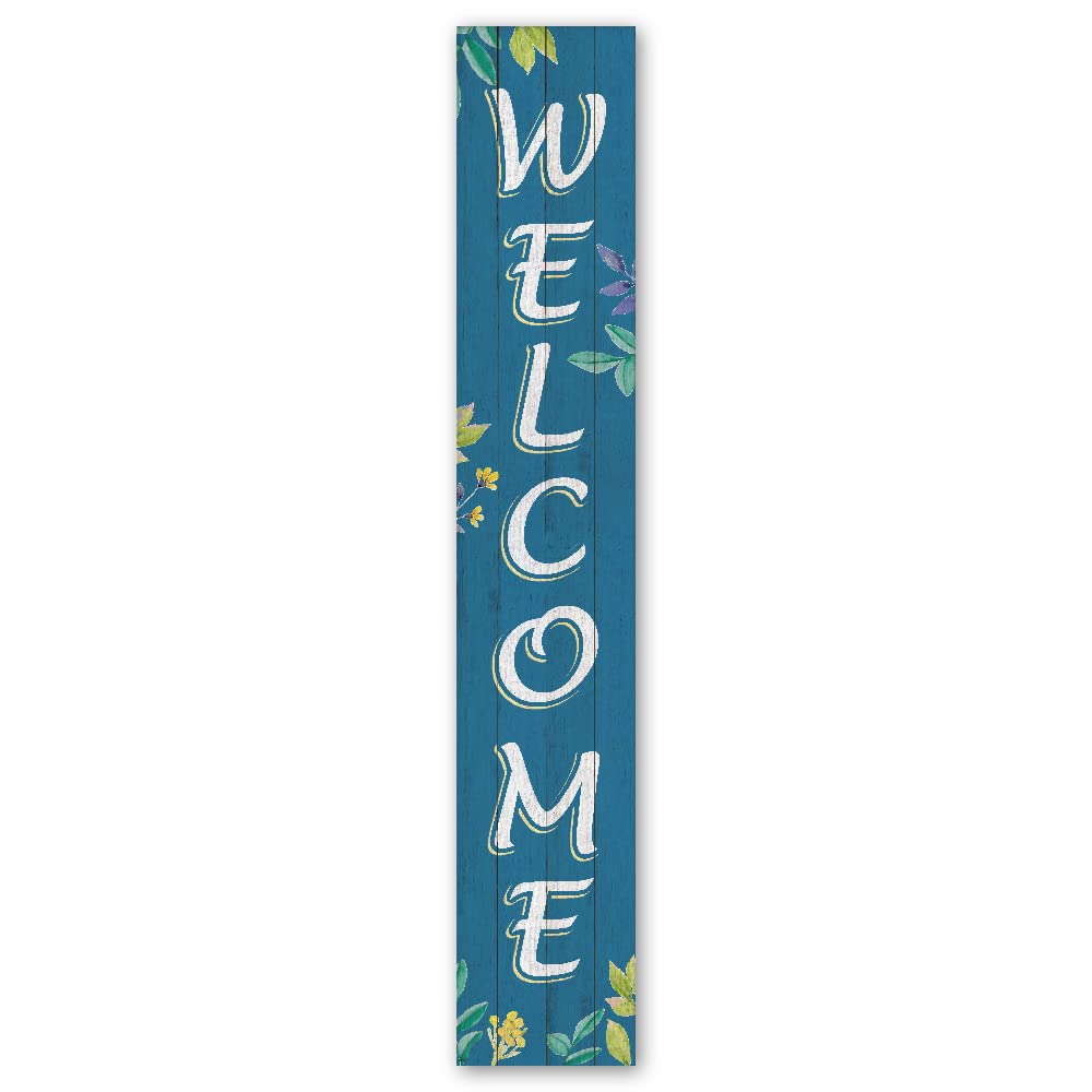 My Word! Porch Leaner Sign, 8x46.5in, Composite, Rustic Farmhouse Decorative Signage, Blue Leaves Welcome
