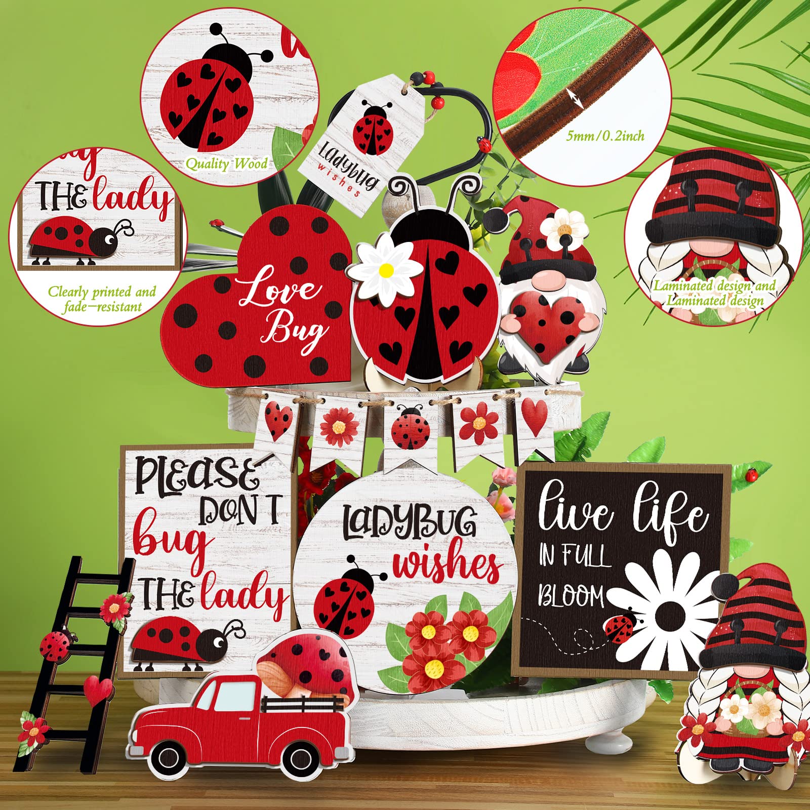 Maitys 15 Pieces Ladybug Tiered Tray Decor Set Spring Summer Wooden Blocks Sign Rustic Farmhouse Decor Ladybird Tiered Tray Decorative Trays Signs for Home Kitchen Shelf Table Decorations