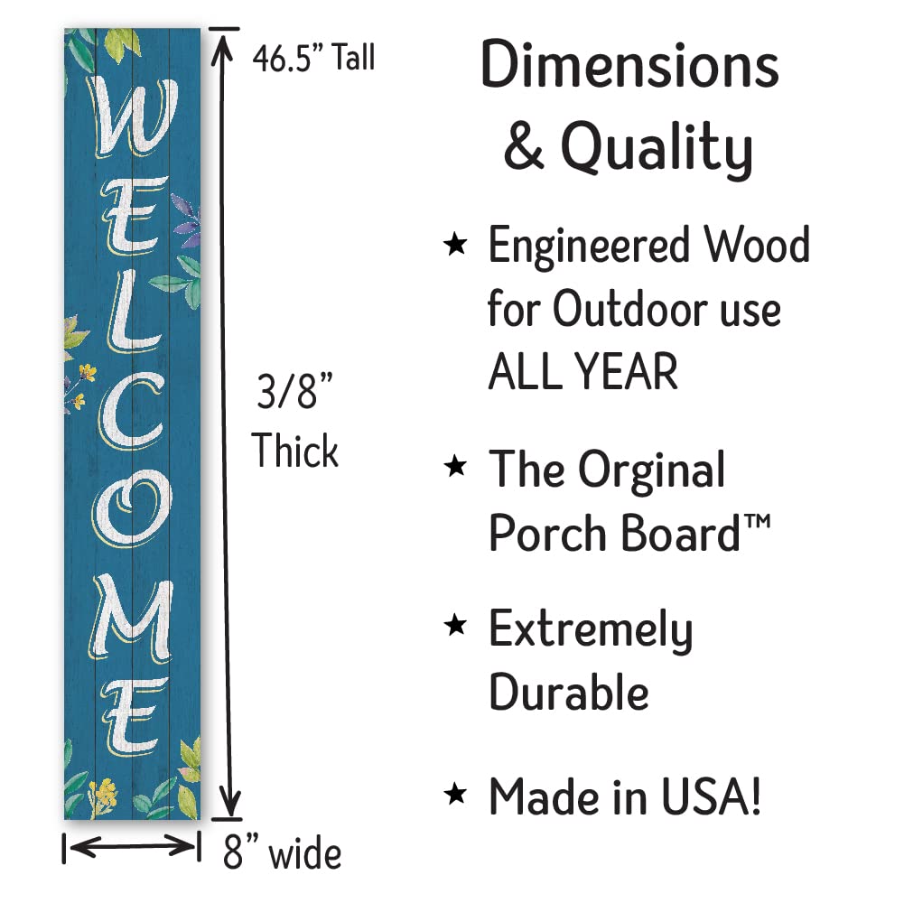 My Word! Porch Leaner Sign, 8x46.5in, Composite, Rustic Farmhouse Decorative Signage, Blue Leaves Welcome