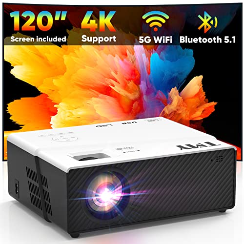 TMY 1080P Projector with 120” Screen, with 5G WiFi and Bluetooth 5.1, 450ANSI 4K Supported Portable Projector, for iOS/Android/PC/TV Stick/HDMI/AV/USB, Indoor & Outdoor Use Movie Projector