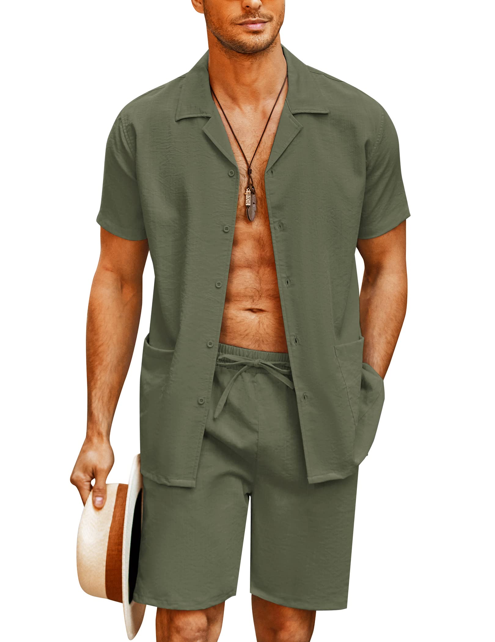 COOFANDY Men's Linen Beach Shirts Casual Hippie Holiday T-Shirts Shorts Outfits Button Down Hawaiian Outfits 2 Piece