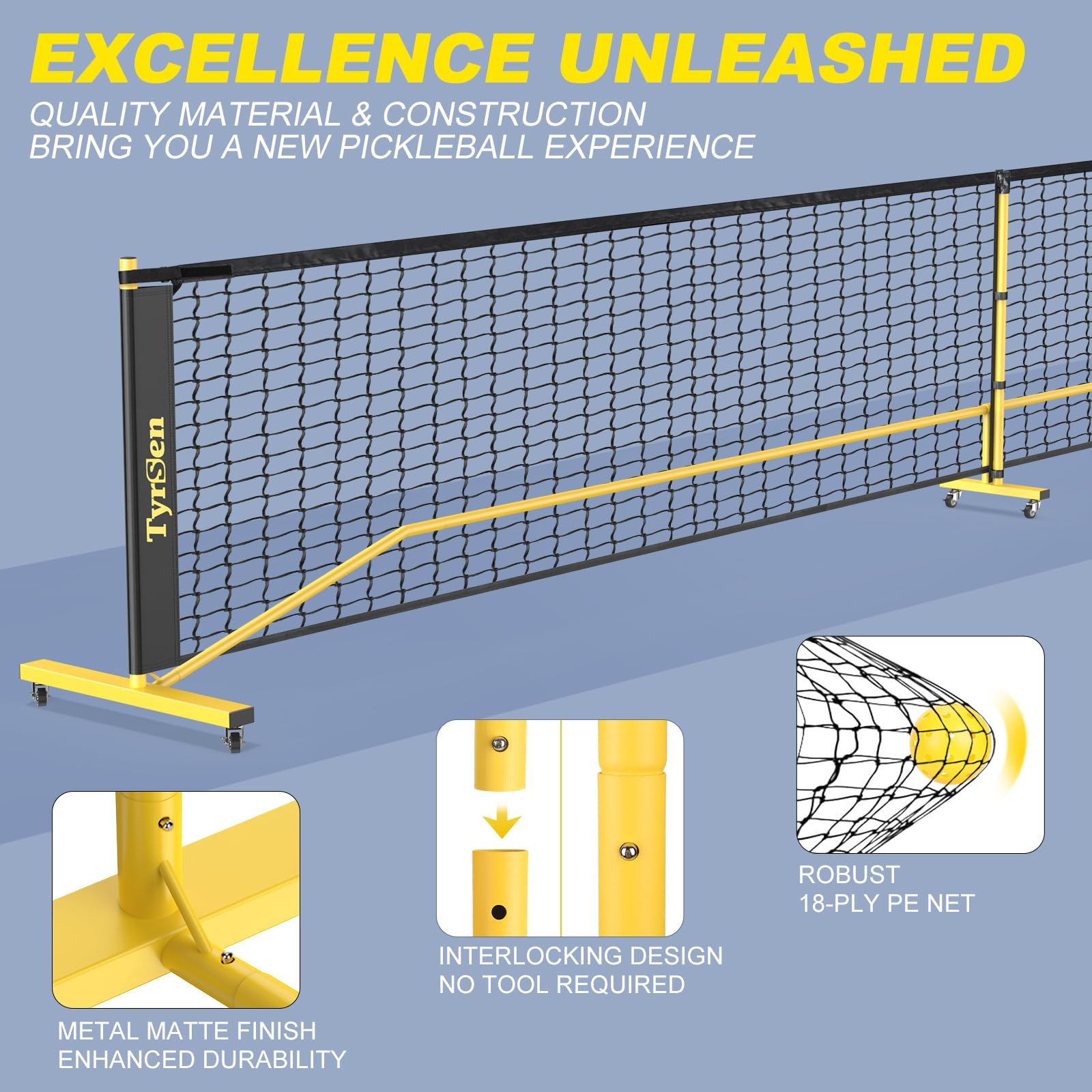 TYRSEN Portable Pickleball Net on Wheels, 22FT Pickleball Net for Driveway Backyard, 18-Ply PE Net, Weather Resistant Metal Frame Pickle Ball Net System for Indoor & Outdoor Play