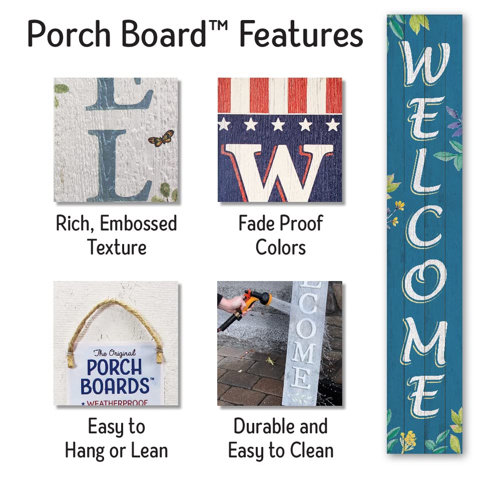 My Word! Porch Leaner Sign, 8x46.5in, Composite, Rustic Farmhouse Decorative Signage, Blue Leaves Welcome
