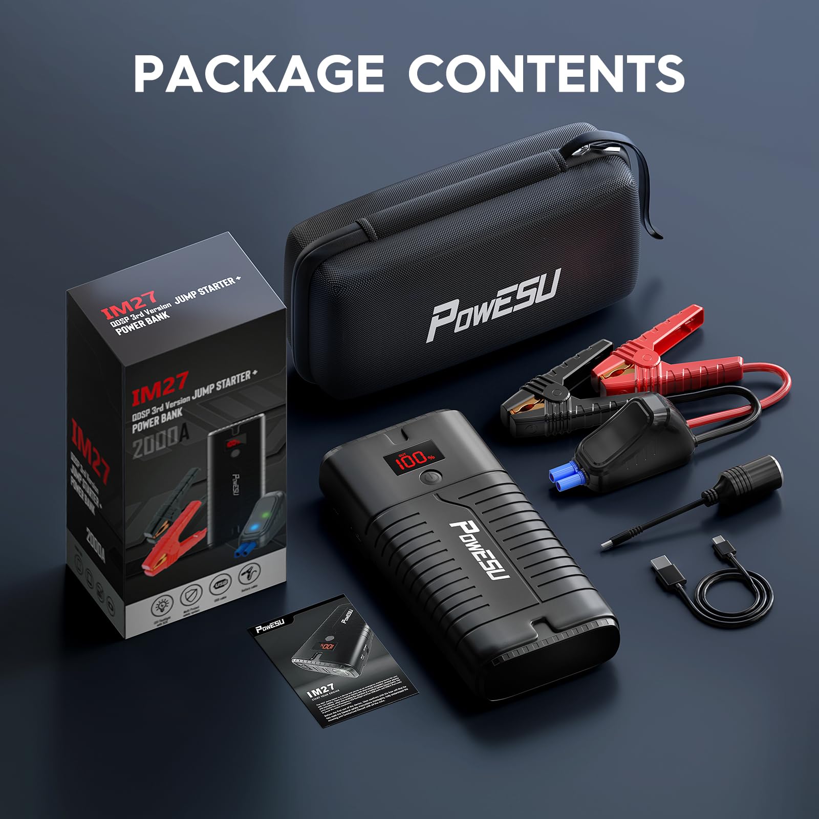 POWESU Jump Starters 2000A 18000mah (Up to 8.0L Gas or 7.5L Diesel Engine) 12V Auto Car Portable Battery Booster Jumper Cable Power Box Pack