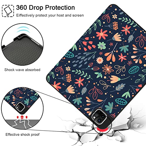Lepeoac Designed for iPad Pro 11 inch Case M2 4th Generation (2022) / 3rd Gen (2021) / 2nd Gen (2020) / 1st Gen (2018) with Pencil Holder, Trifold Stand TPU Back Shell Smart Case, Flat Floral