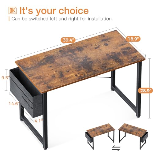 ODK Computer Desk, 40 Inch Small Study Desk, Office Desk with Storage, Work Table with Headphone Hook for Small Space Home Office, Rustic Brown