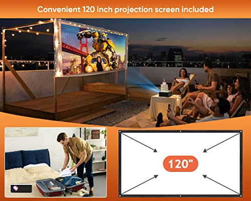 TMY 1080P Projector with 120” Screen, with 5G WiFi and Bluetooth 5.1, 450ANSI 4K Supported Portable Projector, for iOS/Android/PC/TV Stick/HDMI/AV/USB, Indoor & Outdoor Use Movie Projector