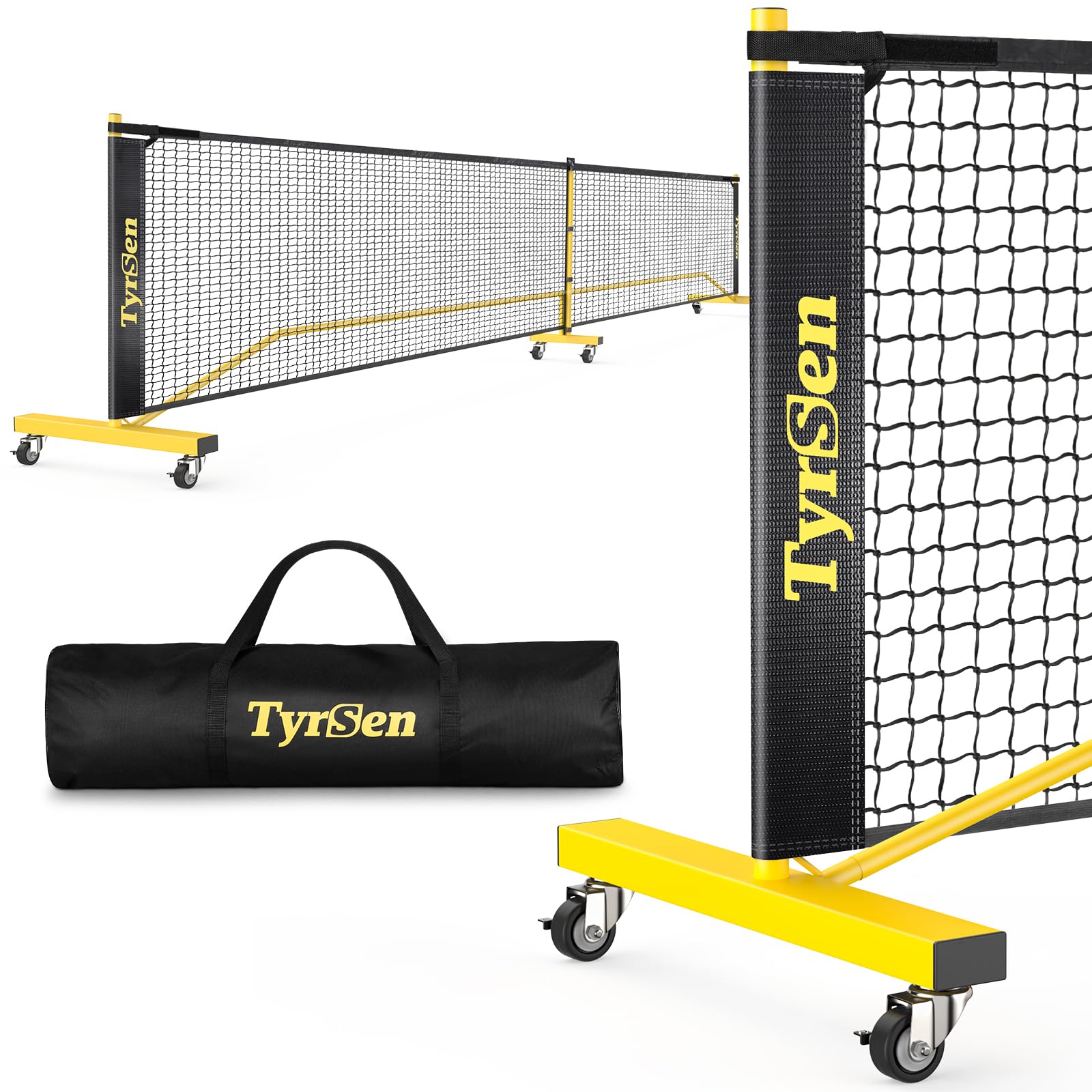 TYRSEN Portable Pickleball Net on Wheels, 22FT Pickleball Net for Driveway Backyard, 18-Ply PE Net, Weather Resistant Metal Frame Pickle Ball Net System for Indoor & Outdoor Play