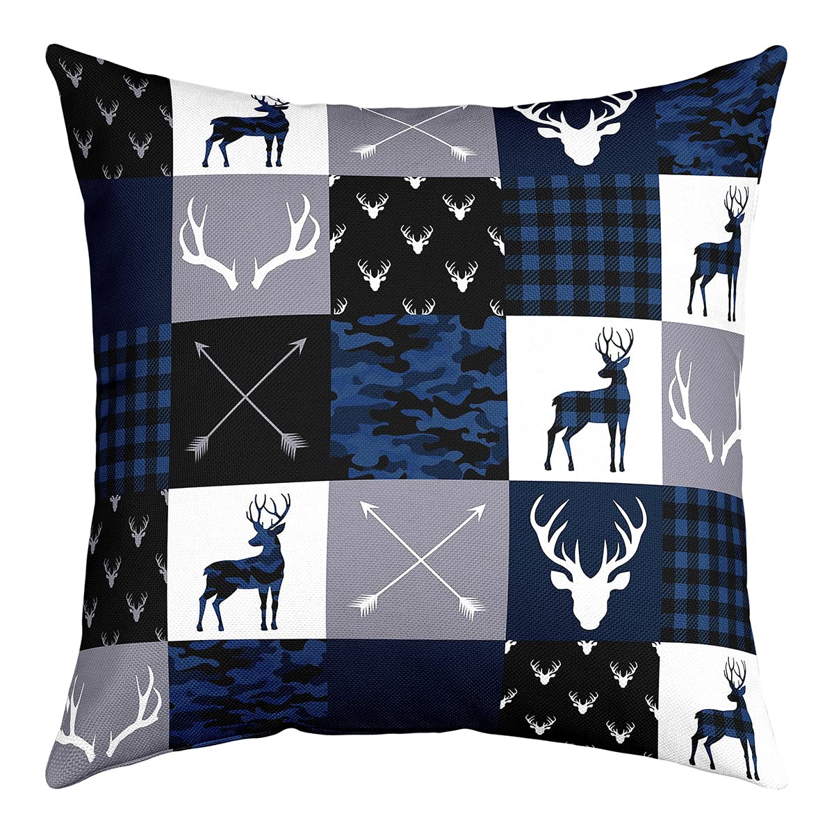 Wild Deer Throw Pillow Cover Blue Black Camouflage Retro Grid Decor Soft Square Pillow Case Antlers Jungle Animal Western Rustic Style Cushion Cover for Office Couch Bed 18x18 Inch