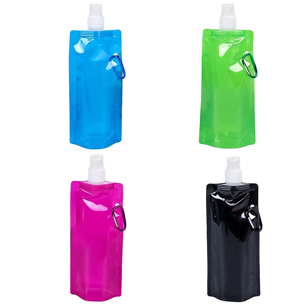 TOPYUEYILIYI 4pcs Foldable Sports Bottle Plastic Water Bag 500ml Collapsible Drink Pouches Bags with Clip Reusable Foldable Plastic Water Bag for Outdoor Sports Biking Hiking Trave