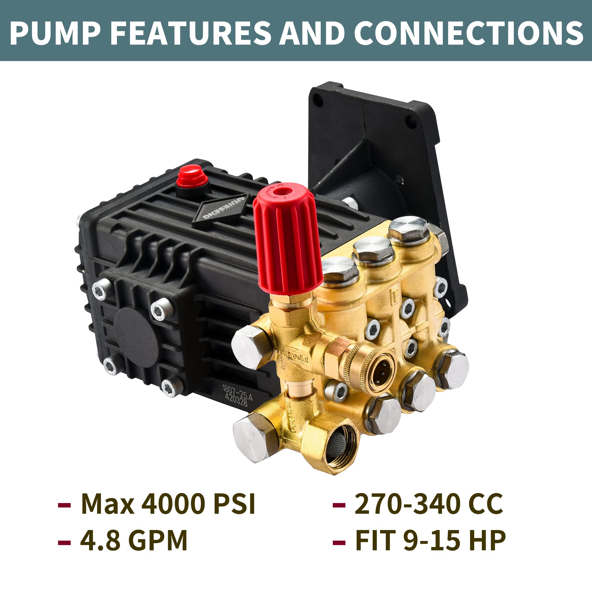 ANJIESENG 4000 PSI Pressure Washer Pump Horizontal Pressure Washer Triplex Plunger, 1'' Shaft 4.8 GPM Power Washer Pump Replacement for Most Gas Engine Power Washer with Easy Pressure Adjustment