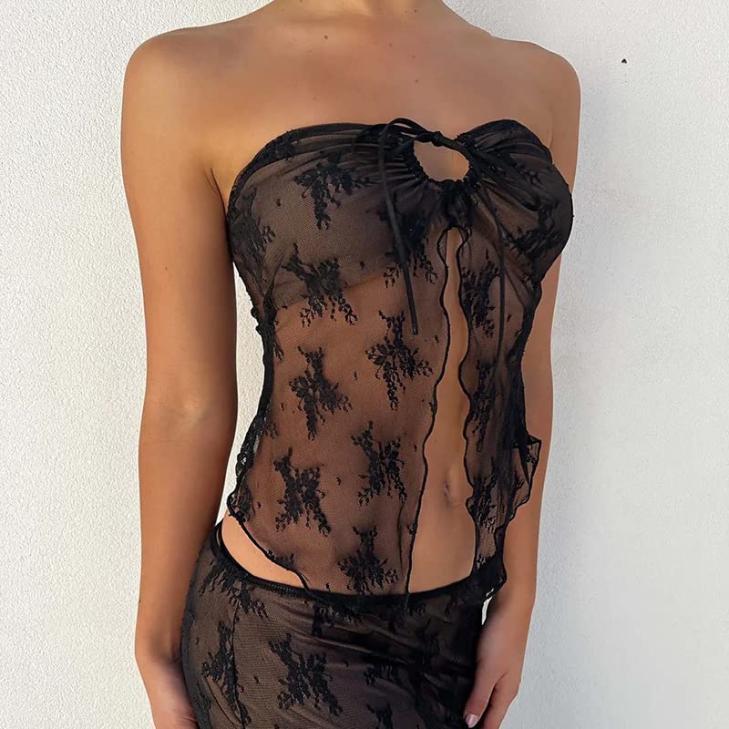 Women Sexy Strapless Lace Y2k Tube Crop Tank Top Cute Summer Going Out Tops Corset Black S